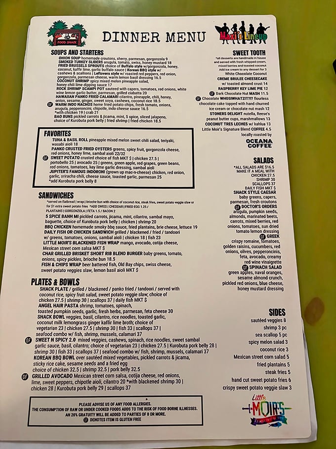 This menu reads like a love letter to the ocean, featuring everything from tuna rolls to coconut shrimp.