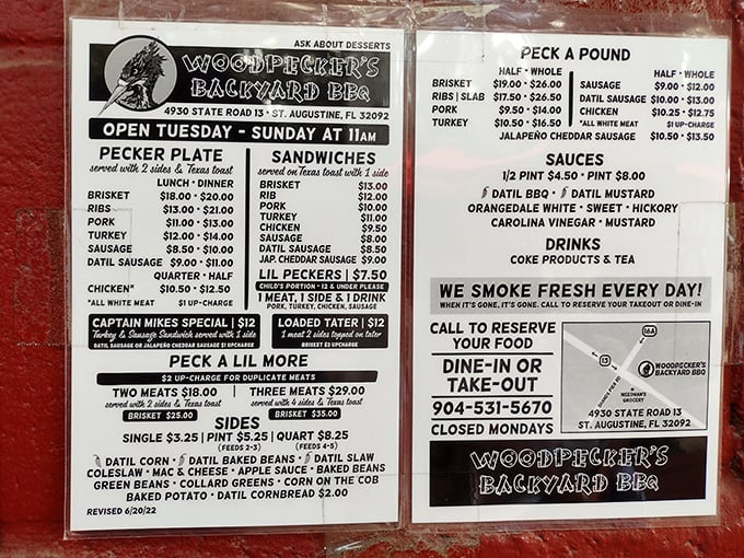 The menu board – a sacred text for barbecue pilgrims. Notice how they proudly declare "We smoke fresh every day!" That's not a promise, that's a love letter.