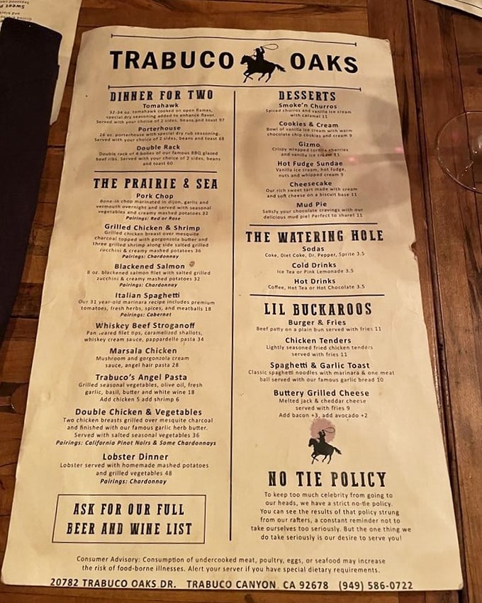 This isn't just a menu; it's a roadmap to carnivore heaven. Notice the "No Tie Policy" warning at the bottom—they're not kidding!