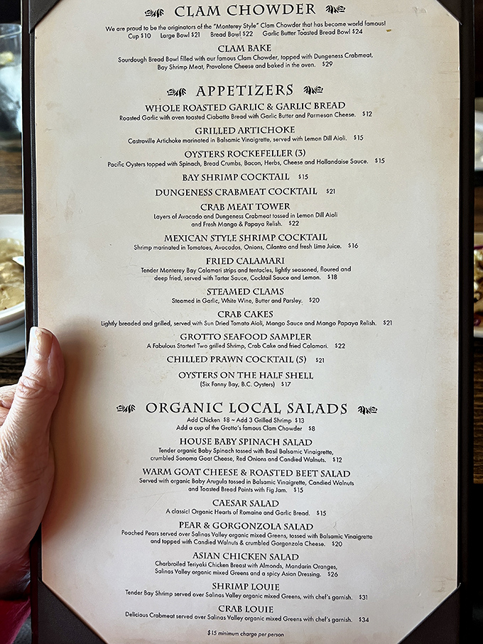 The menu reads like a love letter to Monterey Bay's bounty, with the restaurant proudly claiming to be the originator of the now-famous "Monterey Style" clam chowder.