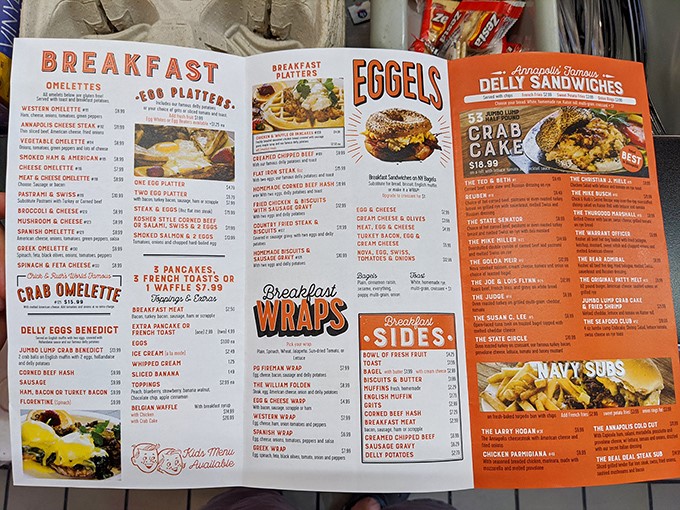 This isn't just a menu—it's a novel of delicious possibilities with chapters dedicated to breakfast, sandwiches, and Maryland's famous crab dishes.