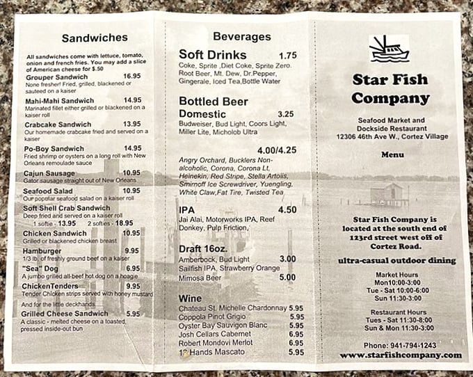 A menu that reads like poetry to seafood lovers—straightforward offerings with zero pretension and maximum flavor potential.