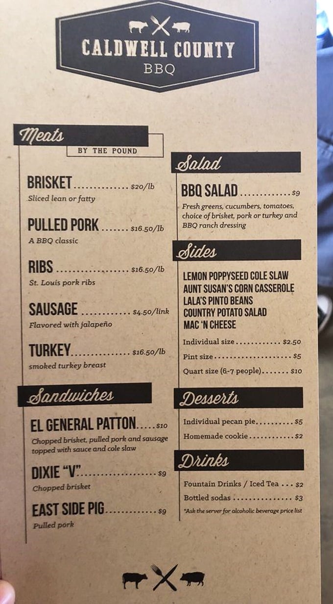 The menu board – a roadmap to happiness. St. Louis ribs and jalapeño sausage beckon while Aunt Susan's corn casserole whispers sweet nothings.