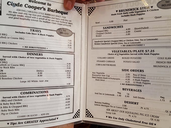 The menu reads like a love letter to Carolina barbecue traditions – straightforward, unpretentious, and promising delicious satisfaction.
