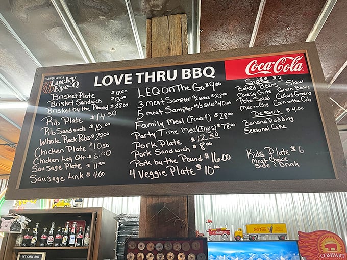 The chalkboard menu speaks the universal language of smoked meat devotion. "Love Thru BBQ" isn't just a slogan – it's their mission statement.