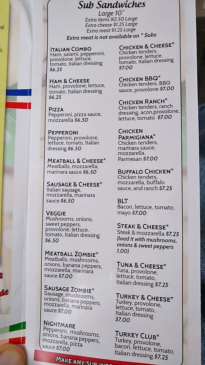 This menu reads like a love letter to Italian-American cuisine. The "Meatball Zombie" isn't the walking dead—it's heaven between bread.