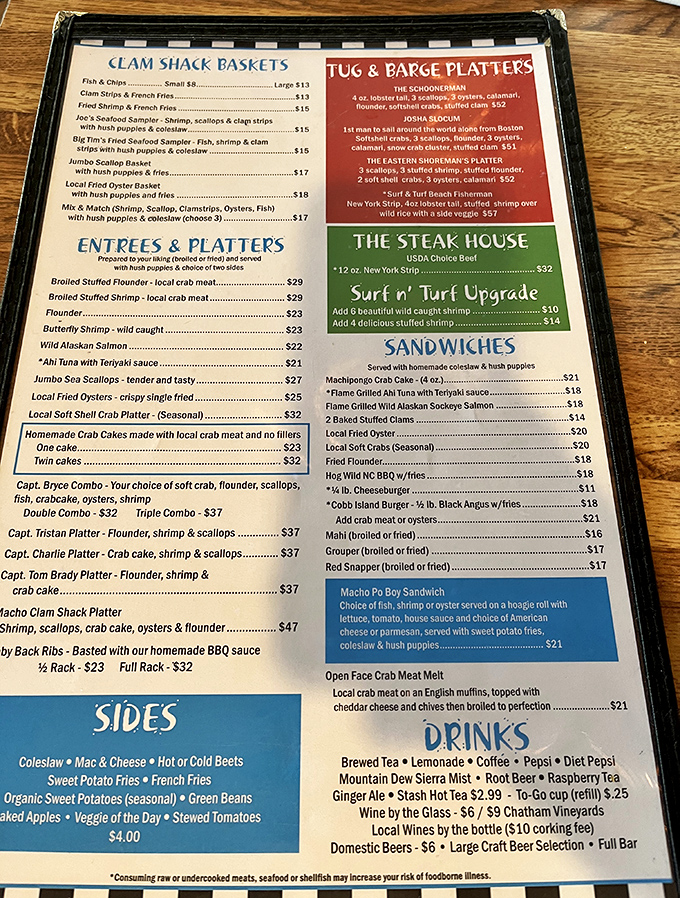 This menu isn't just a list of dishes—it's a treasure map to seafood nirvana. The "Macho Clam Shack Platter" isn't just a meal, it's a commitment.