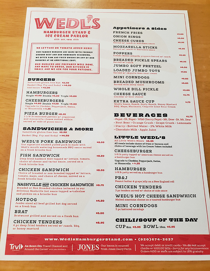 A menu that doesn't need fancy fonts or flowery descriptions—just straightforward promises of burger perfection that have kept customers coming back for generations.