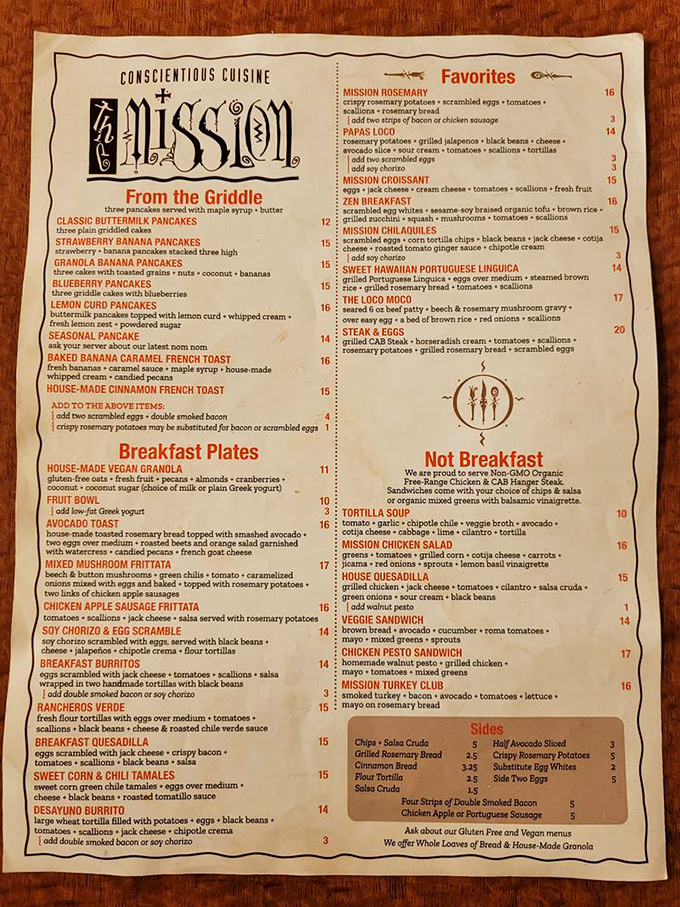 The menu reads like a love letter to breakfast enthusiasts—"Conscientious Cuisine" isn't just clever marketing; it's the restaurant's morning manifesto.