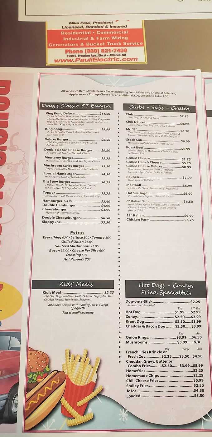 The menu reads like a love letter to American classics—burgers, clubs, and the legendary King Kong challenge that's defeated many a hungry Ohioan.
