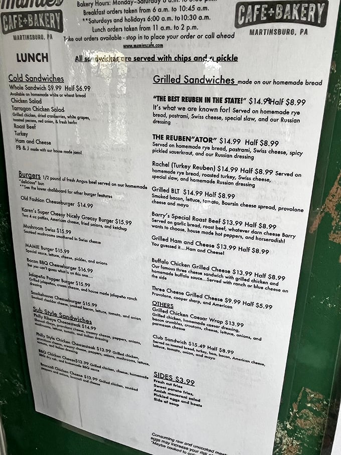 A menu that reads like a love letter to comfort food. That "Best Reuben in the State" claim isn't just bold marketing—it's fighting words in Pennsylvania.
