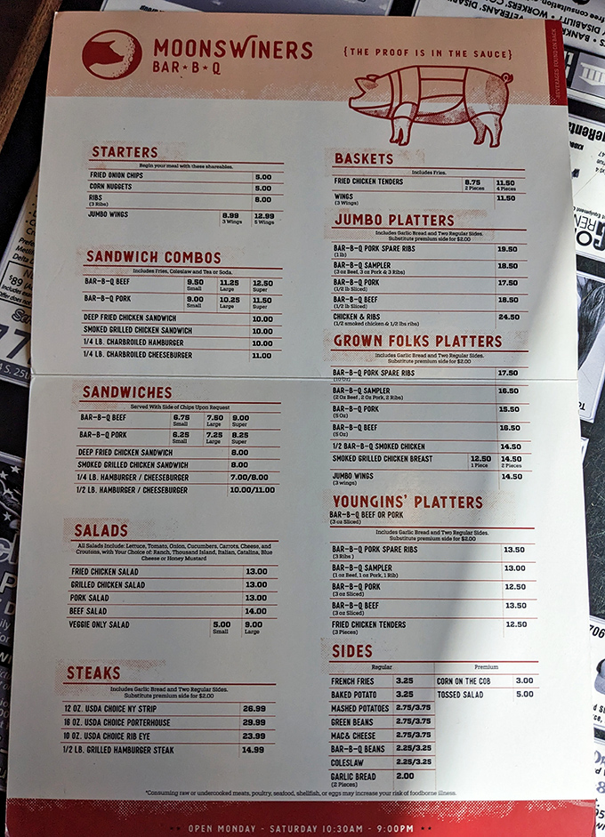 A menu that reads like poetry to meat lovers. Notice how they call kids' meals "Youngins' Platters"—that's how you know the BBQ is authentic.
