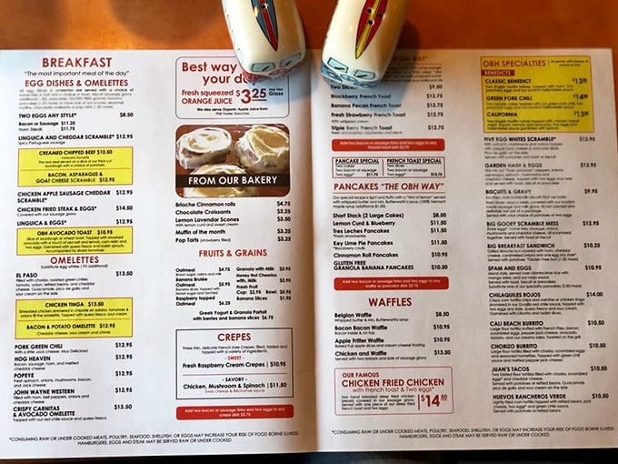 A menu that doesn't just list food—it presents life choices. Each yellow highlight represents a path to breakfast nirvana.
