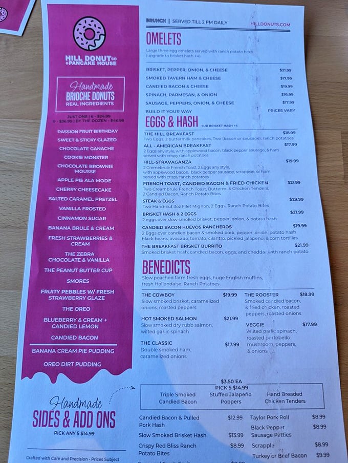 This menu isn't just a list—it's a roadmap to breakfast nirvana. One side tempts with handcrafted donuts, the other with savory creations that would make your cardiologist wince.