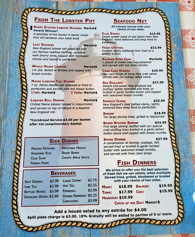 This menu isn't just a list—it's a treasure map where X marks the spot for your next unforgettable seafood experience.
