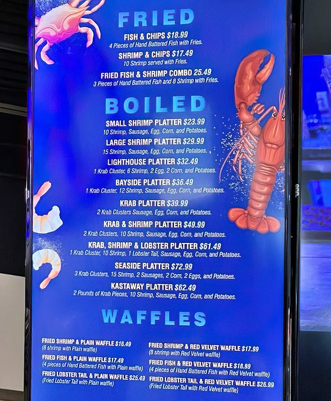 This isn't just a menu—it's a maritime treasure map. X marks the spot where waffle meets lobster in unexpected harmony.