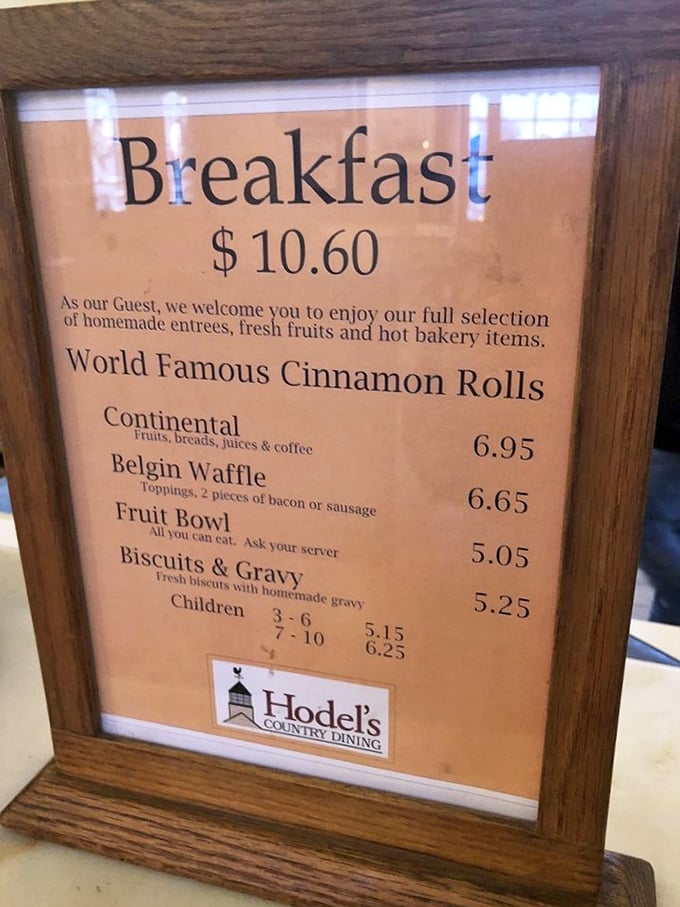 The breakfast menu boasts "World Famous Cinnamon Rolls" – a bold claim that your taste buds will happily confirm.