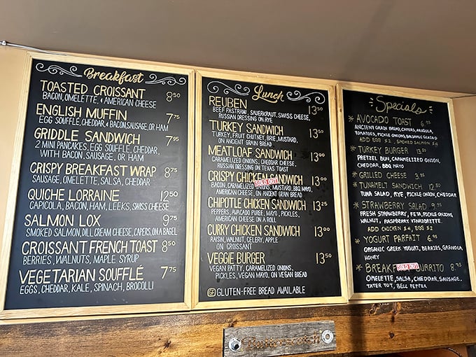 The blackboard menu reads like poetry for the hungry. Each chalk-written offering is a potential plot twist in your day's culinary adventure.