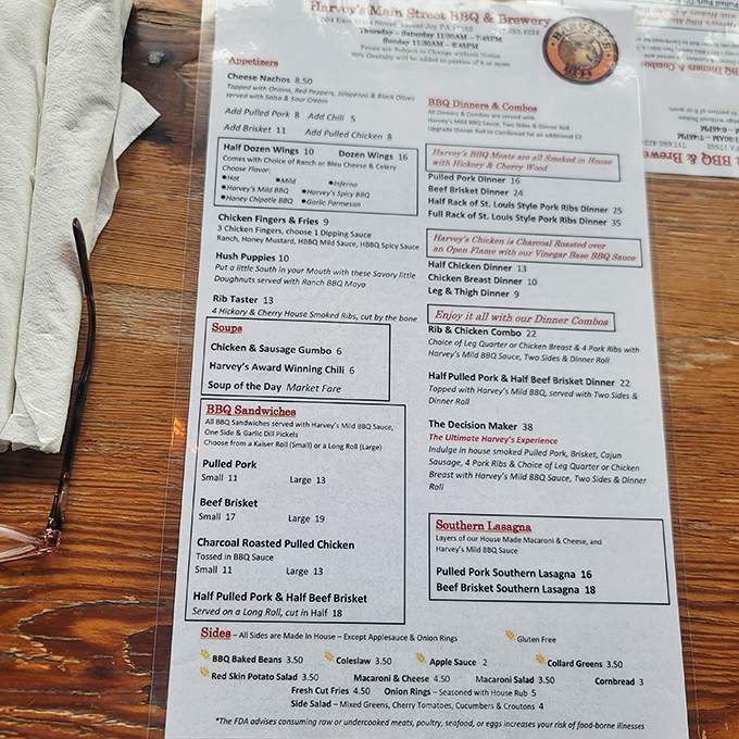 This menu isn't just a list of options—it's a roadmap to happiness. The "Southern Lasagna" section alone deserves its own ZIP code.