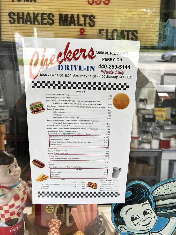 The menu board tells a simple story: burgers, fries, and shakes without pretense. Cash only—your credit card's feelings will have to recover elsewhere. 