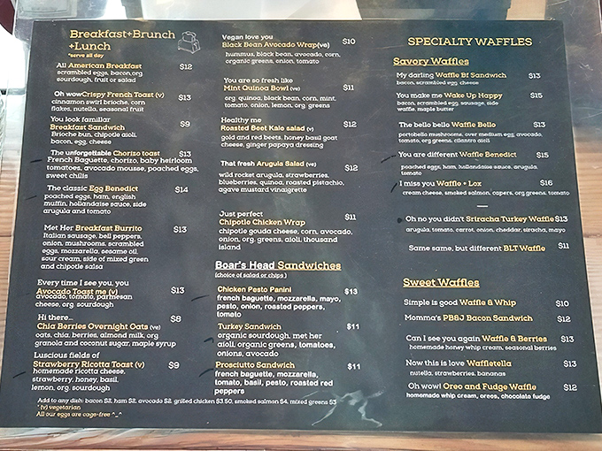 This menu reads like love letters to breakfast – each dish name tells a story before you've taken a single bite.