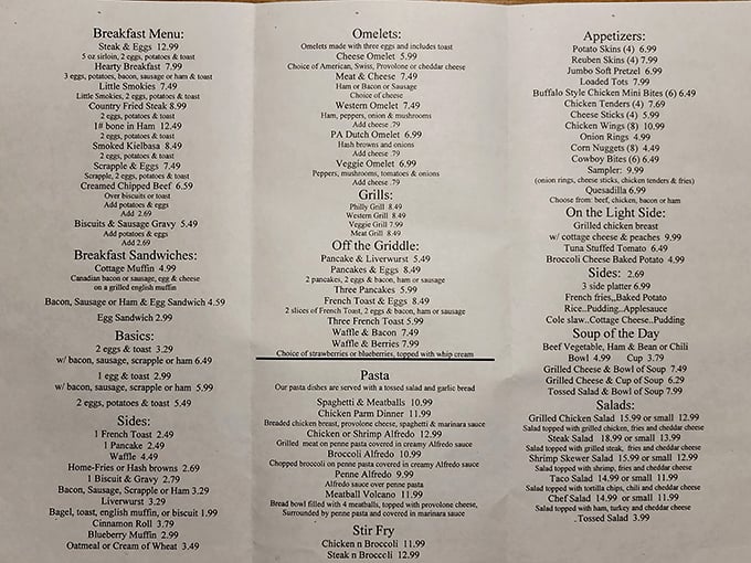 A menu that reads like a love letter to American comfort food. Breakfast all day? That's not a luxury—that's a necessity.