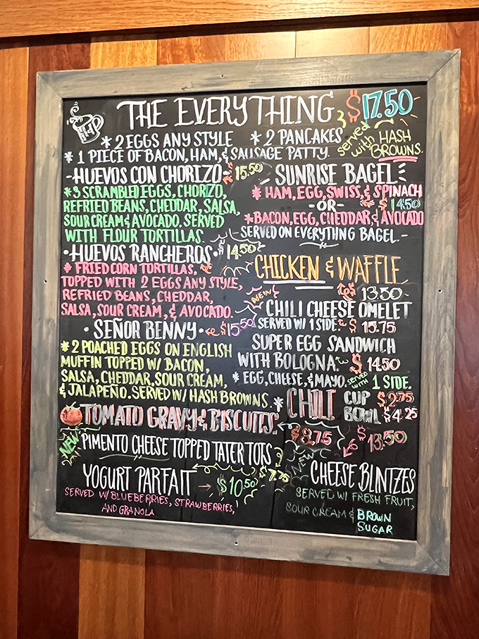 This chalkboard menu isn't just a list—it's a roadmap to breakfast nirvana. The "Everything" option isn't kidding around.