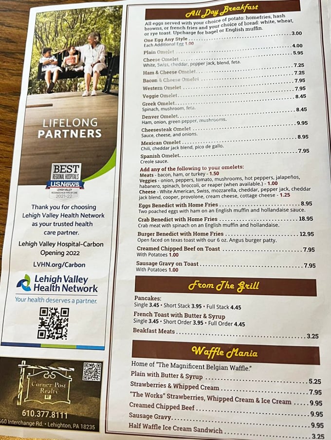 The menu reads like a love letter to breakfast classics. "Waffle Mania" isn't just a section – it's a lifestyle choice.