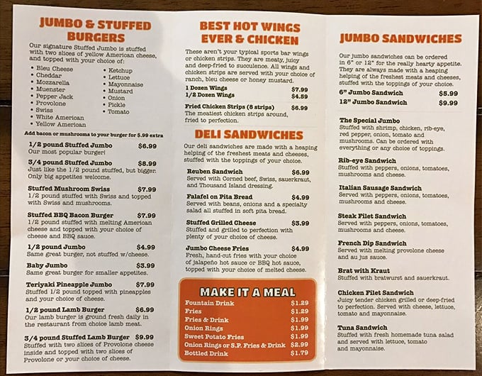 A menu that doesn't mess around – when they say "Jumbo," they mean it. Reading these options is like getting a permission slip to abandon your diet for the day.