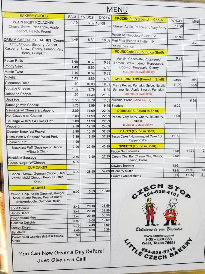 This menu isn't just a list – it's a roadmap to happiness. The kolache varieties alone could keep you coming back for weeks.