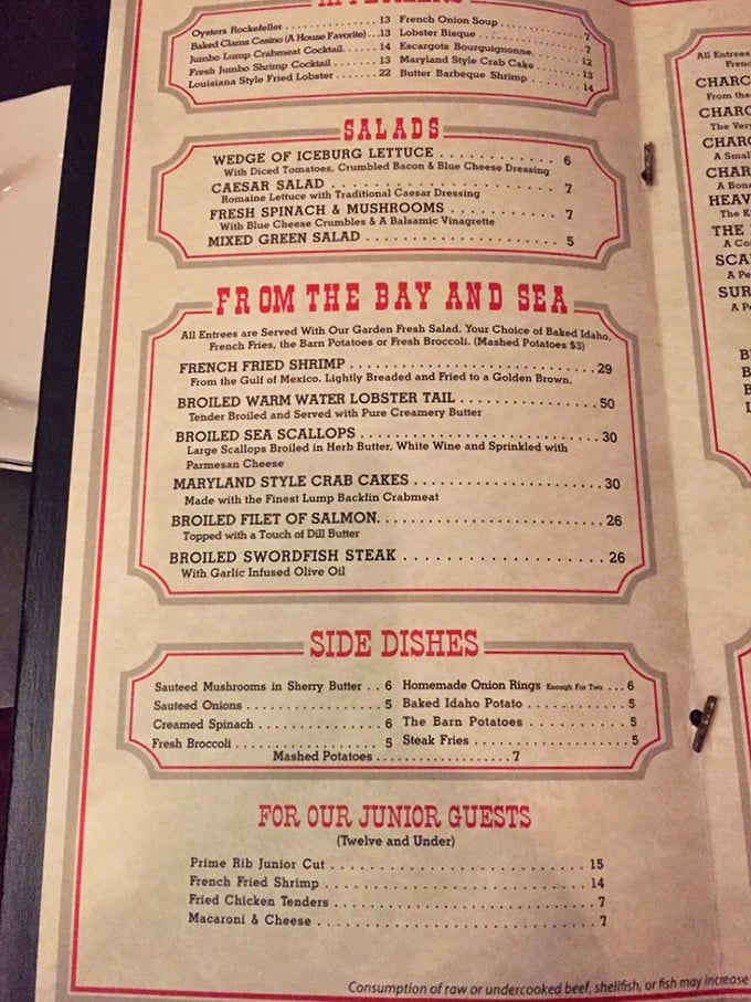 This isn't just a menu—it's a roadmap to happiness. From Oysters Rockefeller to Maryland Style Crab Cakes, every choice is the right one.