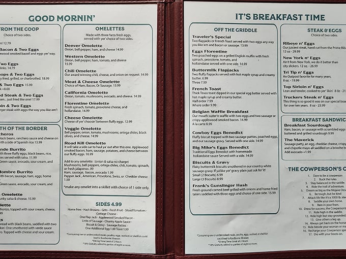 This menu reads like a love letter to breakfast, with French toast stealing the spotlight as the star performer.