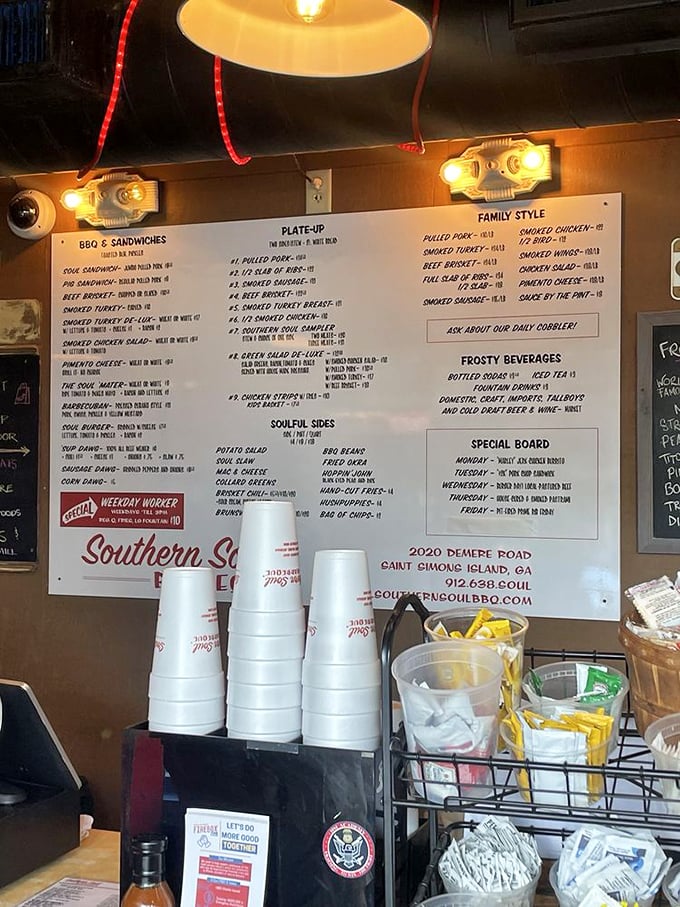 The menu board reads like poetry to hungry souls. No fancy fonts needed when the words "pulled pork" and "smoked wings" do all the heavy lifting. 