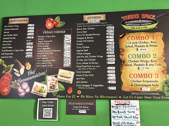 This isn't just a menu—it's a passport to Jamaica with no TSA line. The "Vegan Corner" proves paradise caters to everyone.