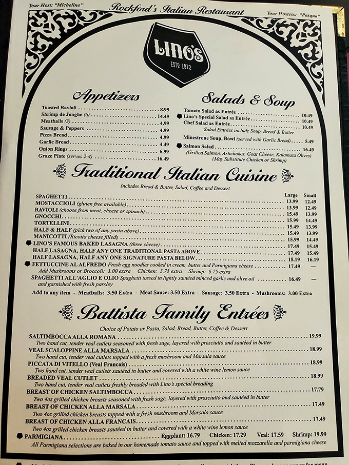 The menu reads like a love letter to Italian-American classics. Notice the little black dots marking the house specialties—they're basically saying "order me or regret it forever."