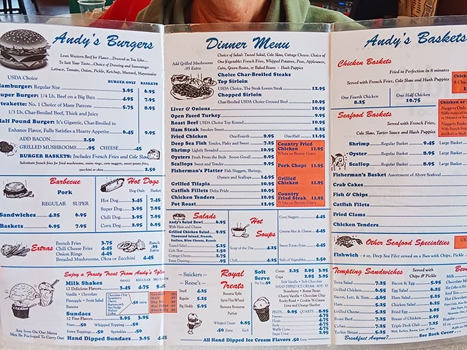 This menu isn't just a list of food—it's a roadmap to happiness, with every American comfort classic represented in glorious, unpretentious detail.