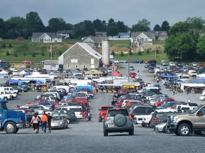 From this aerial view, Green Dragon's parking lot resembles a small city. The stone barn in the background reminds us of the market's rural Pennsylvania roots.