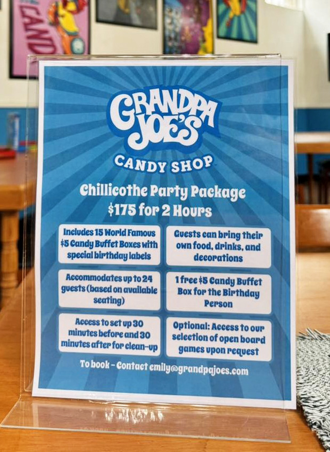 The party package sign reveals the secret to becoming the coolest grandparent in Ohio—fifteen $5 candy buffet boxes and instant hero status.