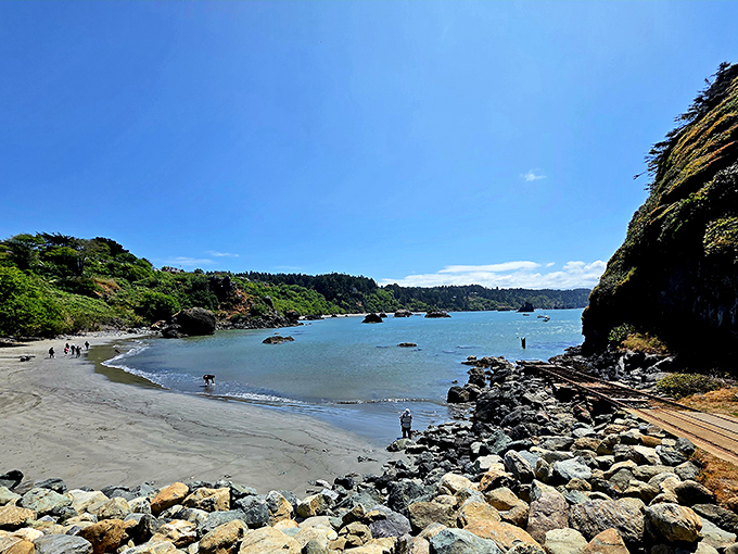 The beach that time forgot. No crowds, no vendors—just rocks, waves, and the occasional beachcomber searching for treasures.