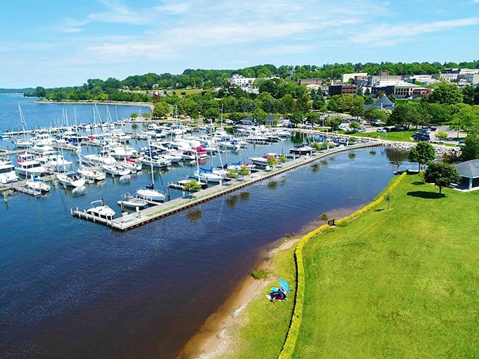 The marina isn't just for boat owners—it's nature's front-row seat to Michigan's most spectacular sunsets, complete with a soundtrack of gentle waves.