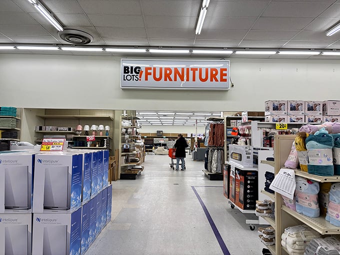 The furniture section beckons with its "Big Lots Furniture" sign – the gateway to surprisingly stylish living room transformations that won't require a second mortgage.