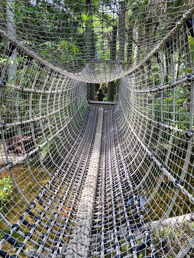 Indiana Jones would approve of this rope bridge adventure. Cross if you dare, but don't look down—that's half the fun!