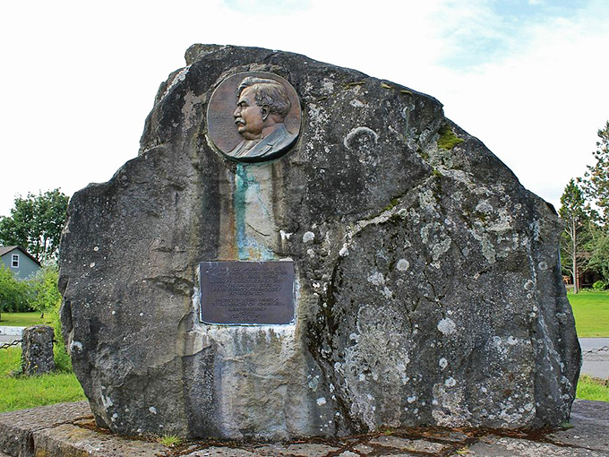 This memorial rock isn't just any boulder—it's a tribute to Samuel Hill, whose vision gave us this scenic byway. Road builder, dream maker.