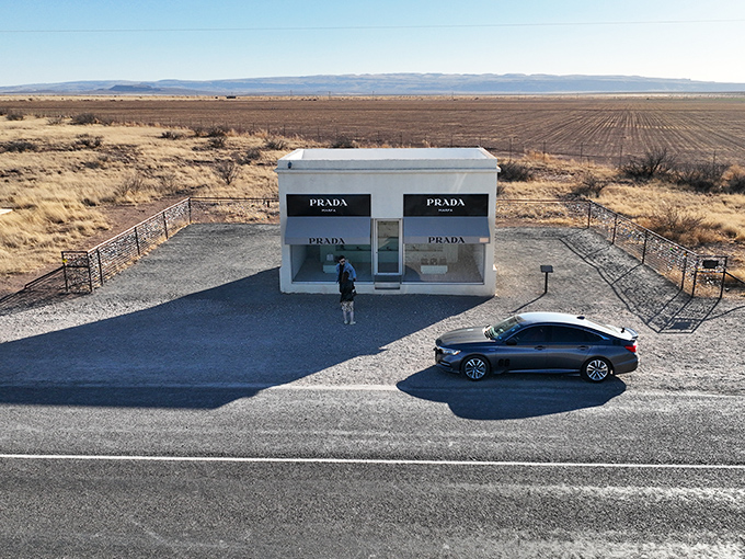 From above, Prada Marfa reveals its true isolation—a tiny fashion island in an ocean of scrubland. Even your GPS will do a double-take.