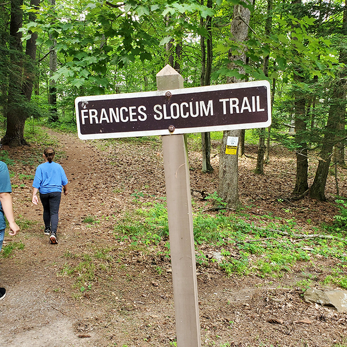 The Frances Slocum Trail beckons hikers into a leafy embrace. Some paths you follow, others you let lead you—this one promises both.