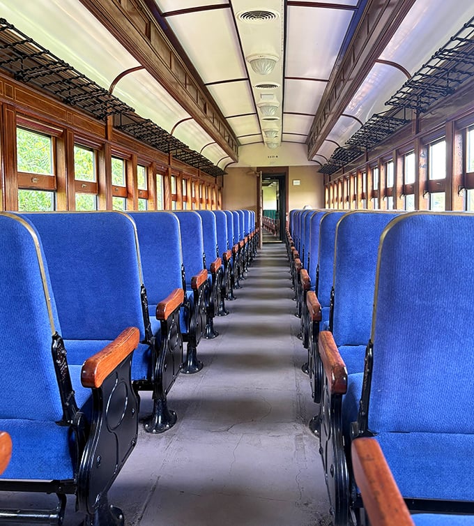 Step inside and travel back in time with these vintage blue seats and polished wooden details—first-class accommodations for your journey to yesteryear.