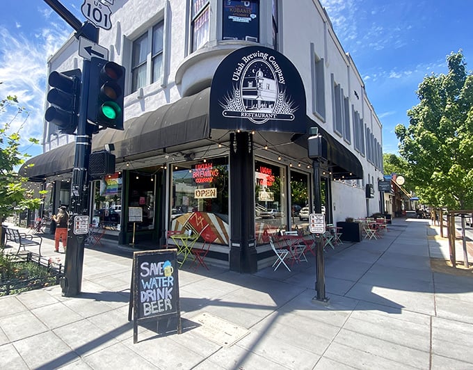 "Save water, drink beer" isn't just clever signage—it's practically environmental activism at Ukiah Brewing Company, where pints come with mountain views.
