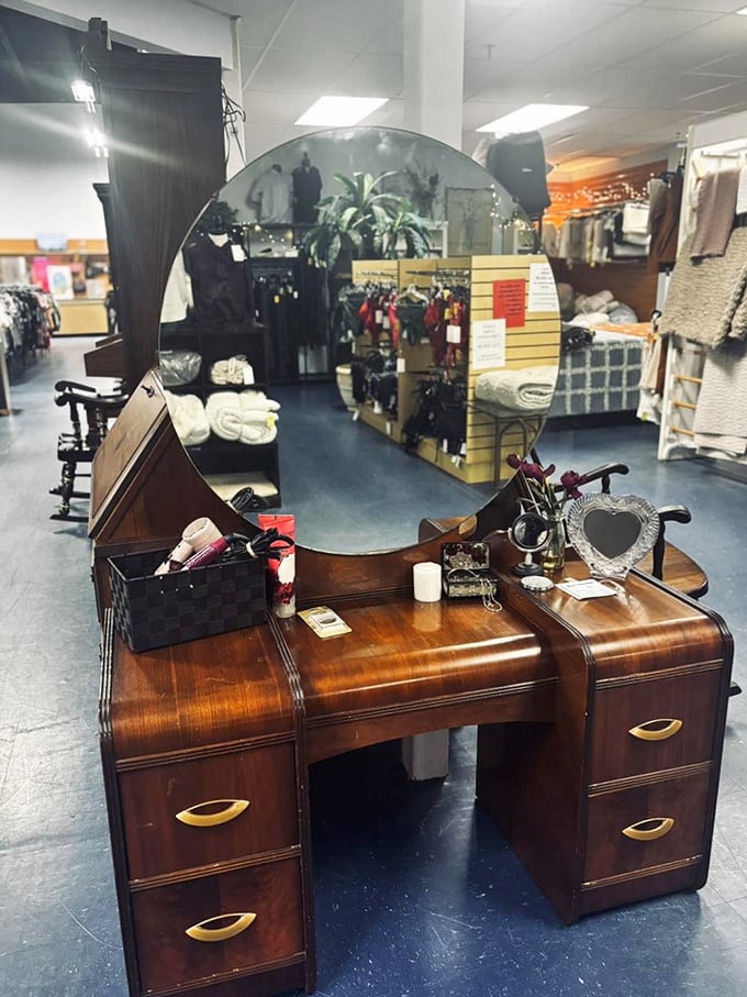 This vintage vanity isn't just furniture—it's a time machine to when getting ready was an event, not just swiping on lip balm before Zoom.