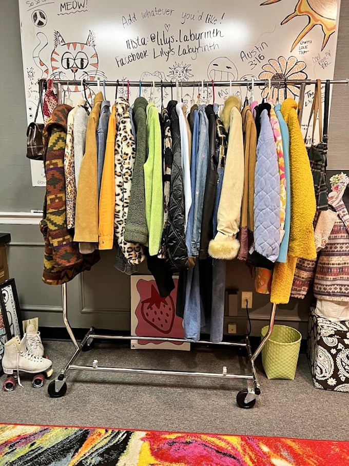 The coat rack that time forgot—each hanger tells a different decade's story, from disco-ready leopard print to grandma-chic quilting.