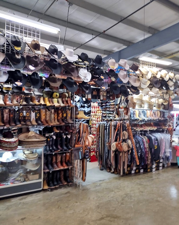 Cowboy boot heaven! This isn't just footwear—it's a wall of Western dreams where urban cowboys and authentic ranchers shop side by side.